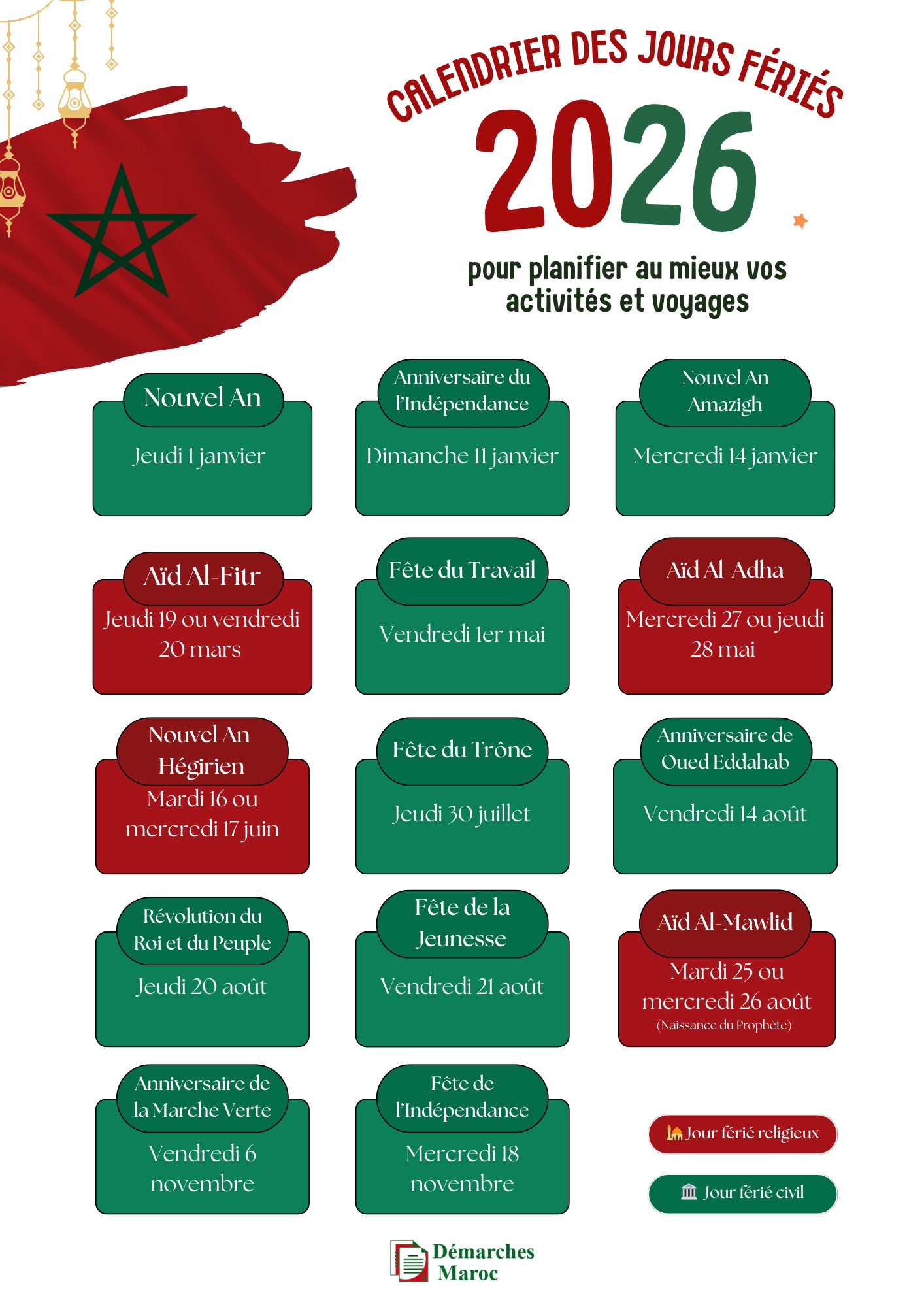 Calendrier des jours fériés au Maroc en 2026
